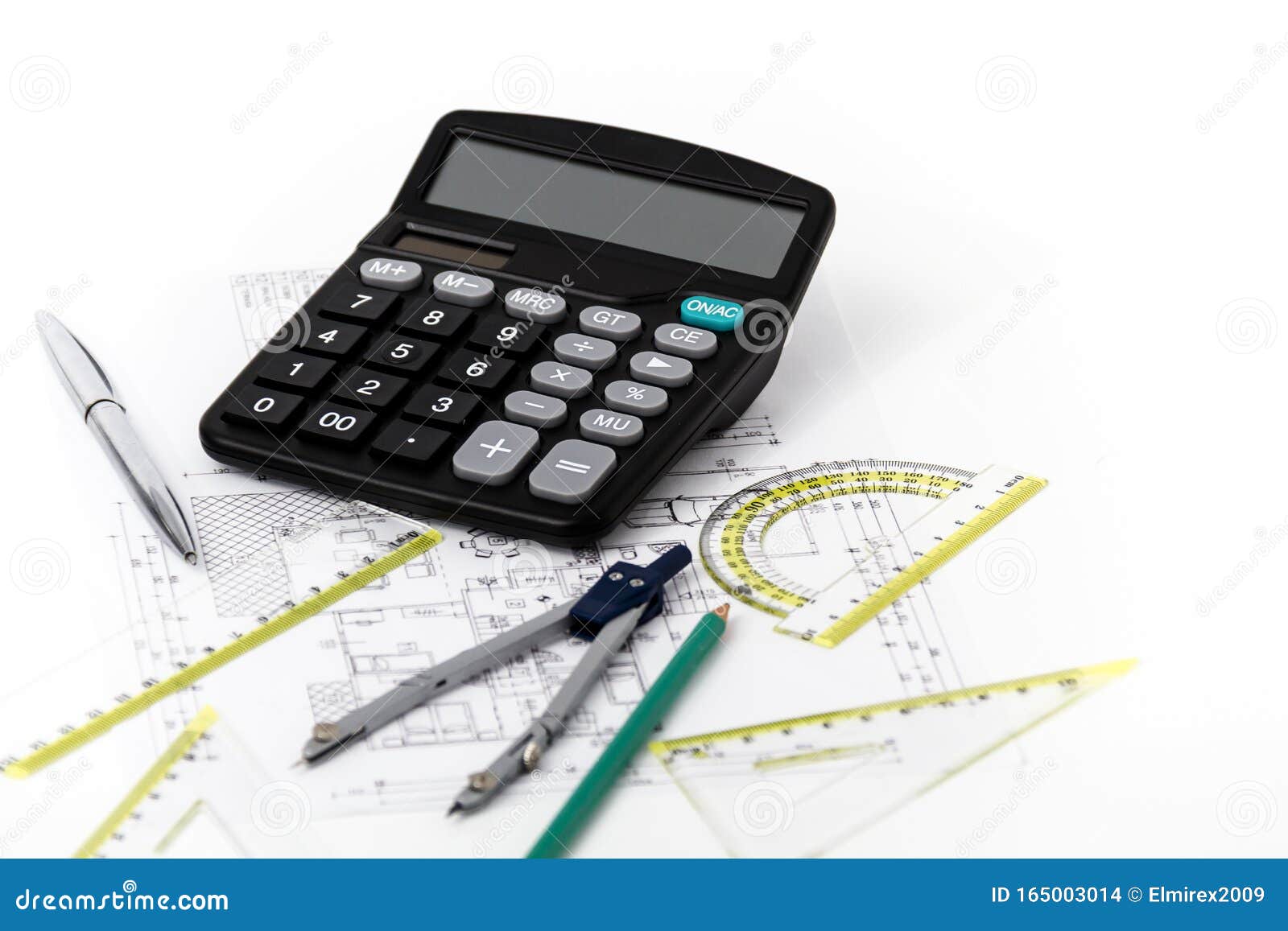 Architectural Project, Pair of Compasses, Rulers and Calculator Stock ...