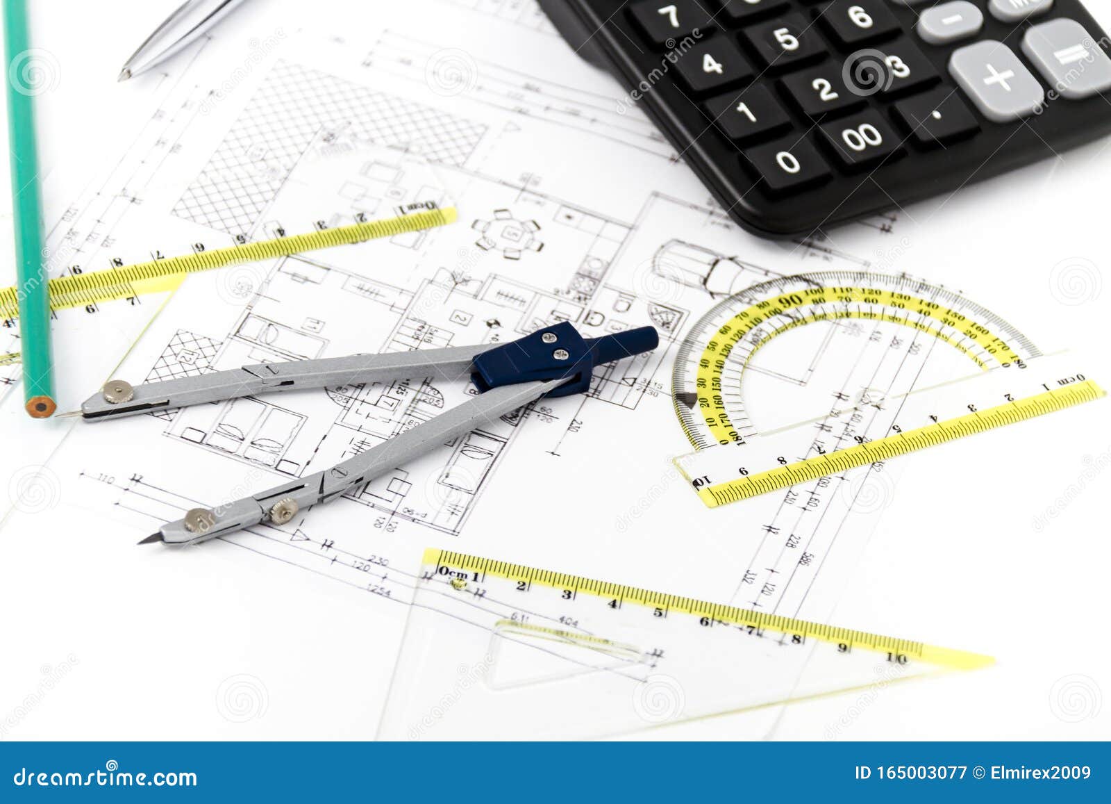 Architectural Project, Pair of Compasses, Rulers and Calculator Stock ...