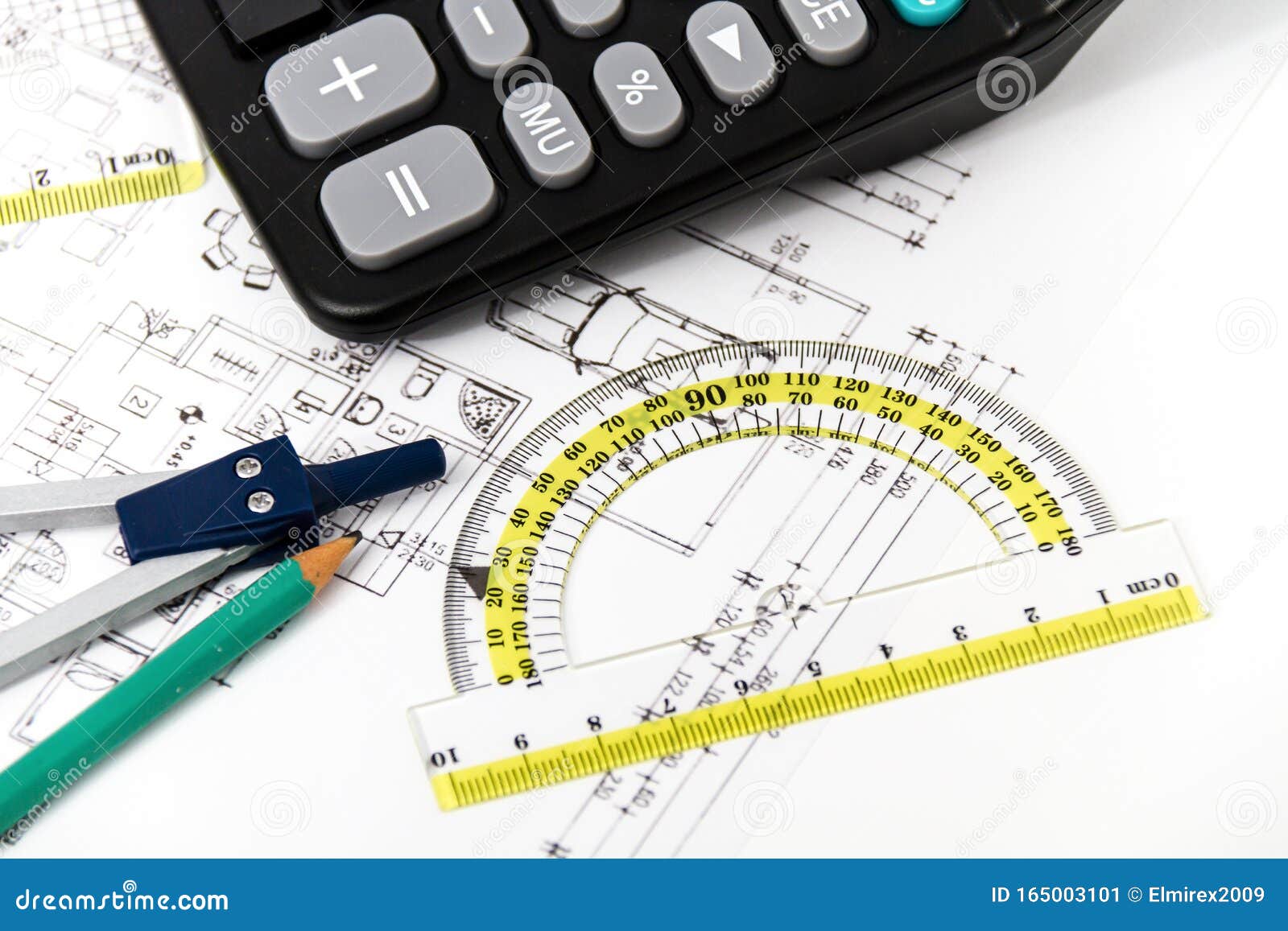 Architectural Project, Pair of Compasses, Rulers and Calculator Stock ...