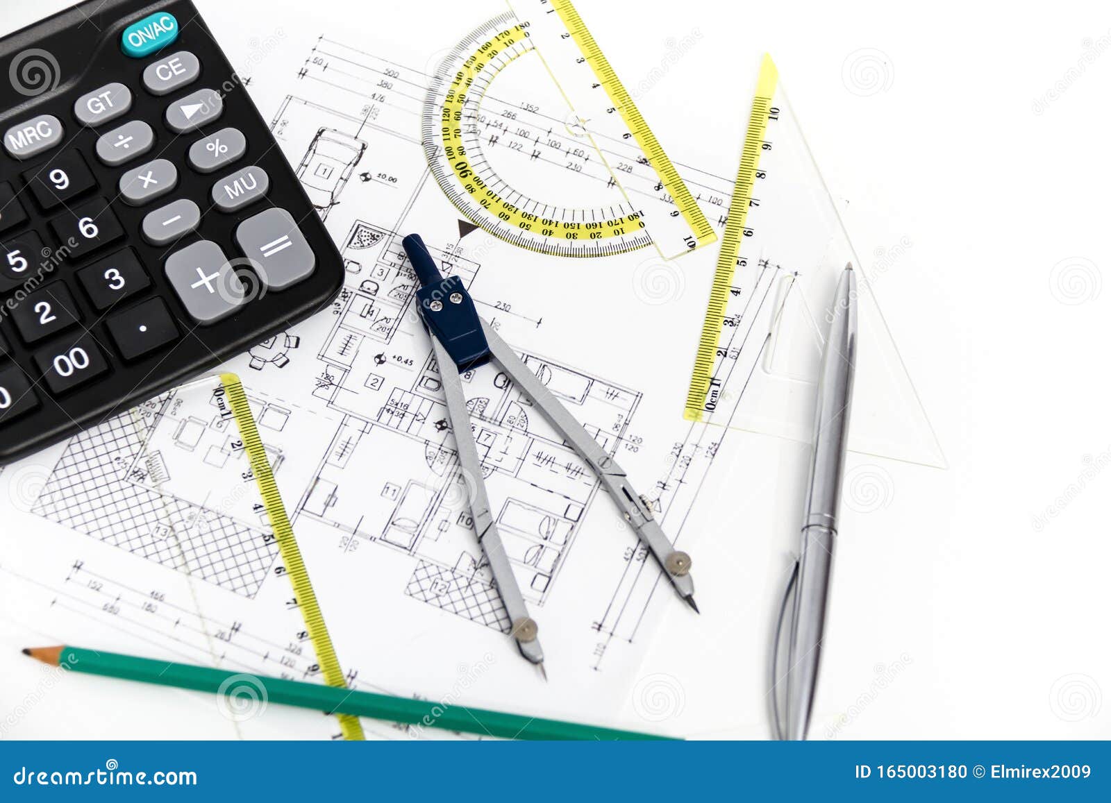 Architectural Project, Pair of Compasses, Rulers and Calculator Stock ...