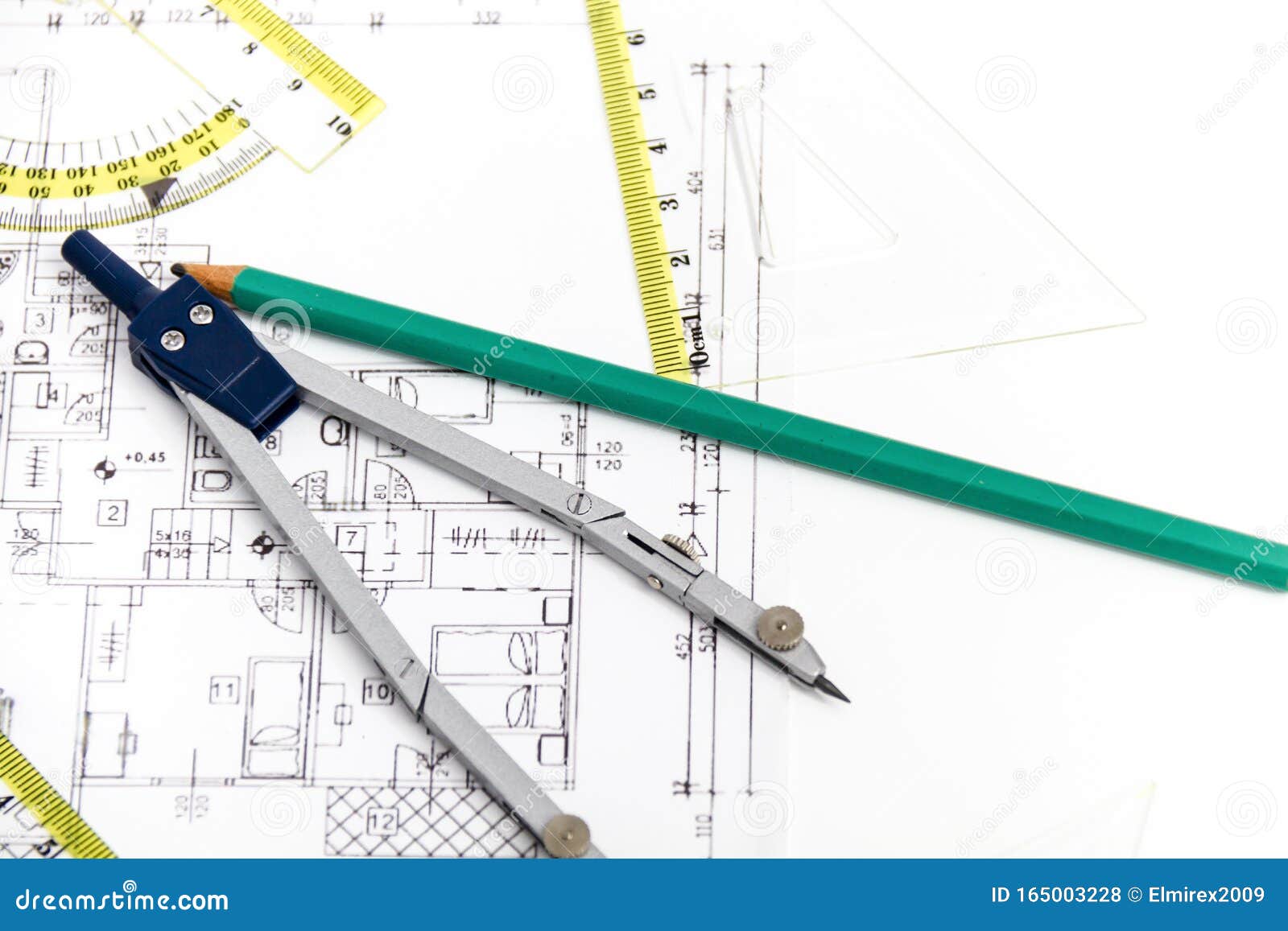 Architectural Project, Pair of Compasses, Rulers and Calculator Stock ...