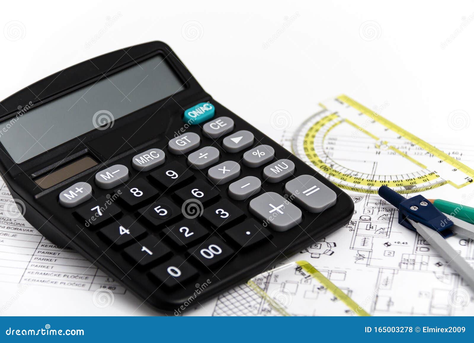 Architectural Project, Pair of Compasses, Rulers and Calculator Stock ...