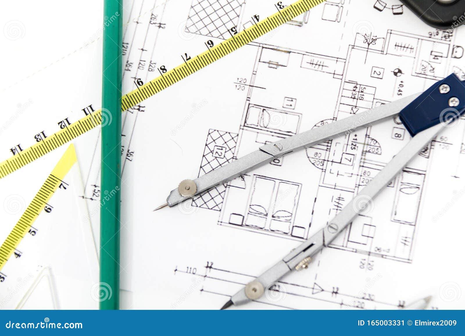 Architectural Project, Pair of Compasses, Rulers and Calculator Stock ...