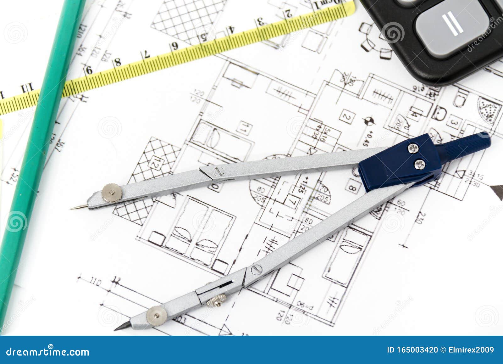 Architectural Project, Pair of Compasses, Rulers and Calculator Stock ...