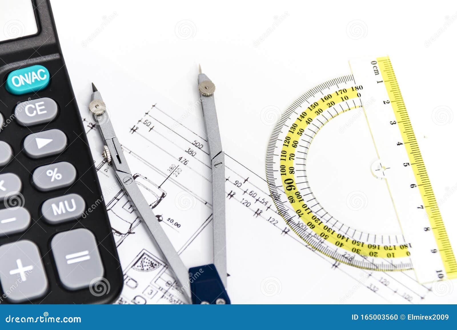 Architectural Project, Pair of Compasses, Rulers and Calculator Stock ...