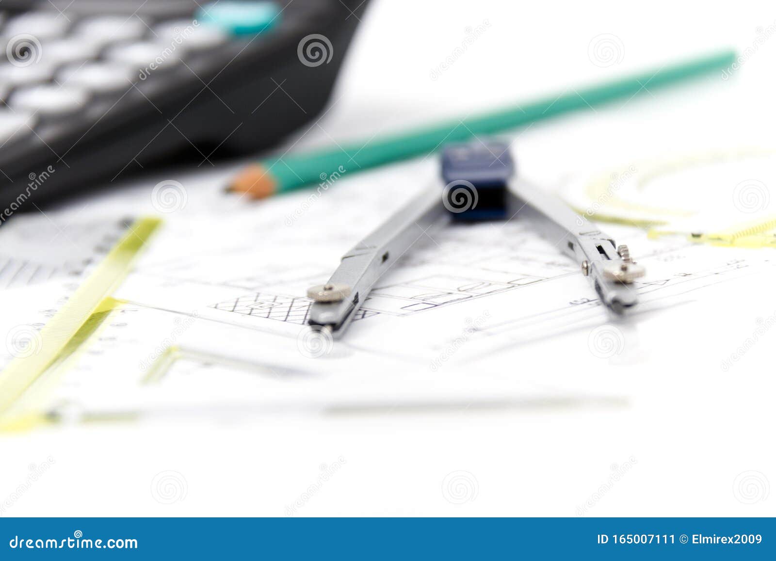 Architectural Project, Pair of Compasses, Rulers and Calculator Stock ...