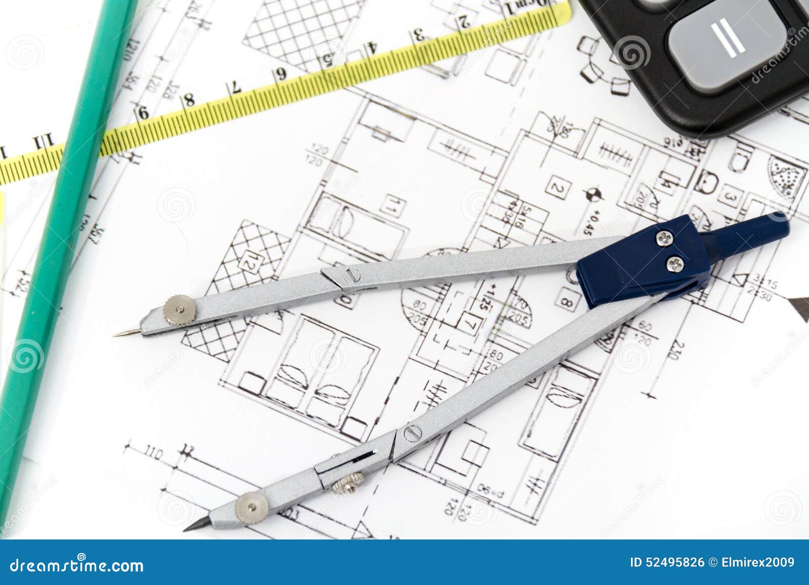 Architectural Project, Pair of Compasses, Rulers and Calculator Stock ...