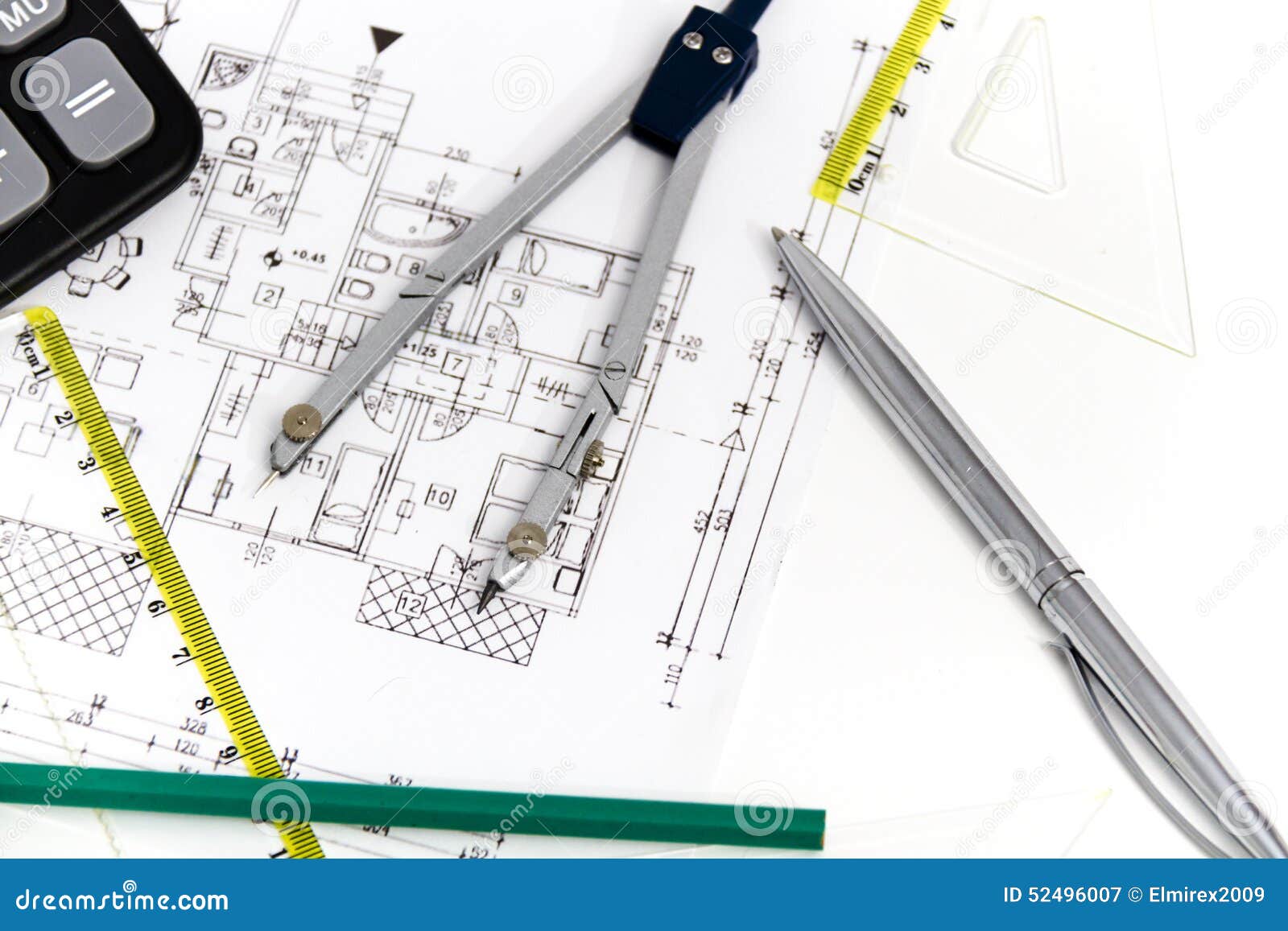 Architectural Project, Pair of Compasses, Rulers and Calculator Stock ...