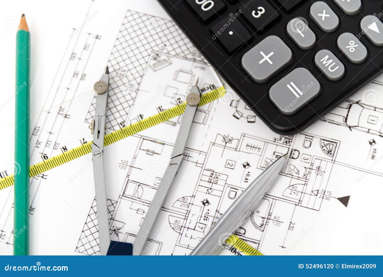 Architectural Project, Pair of Compasses, Rulers and Calculator Stock ...