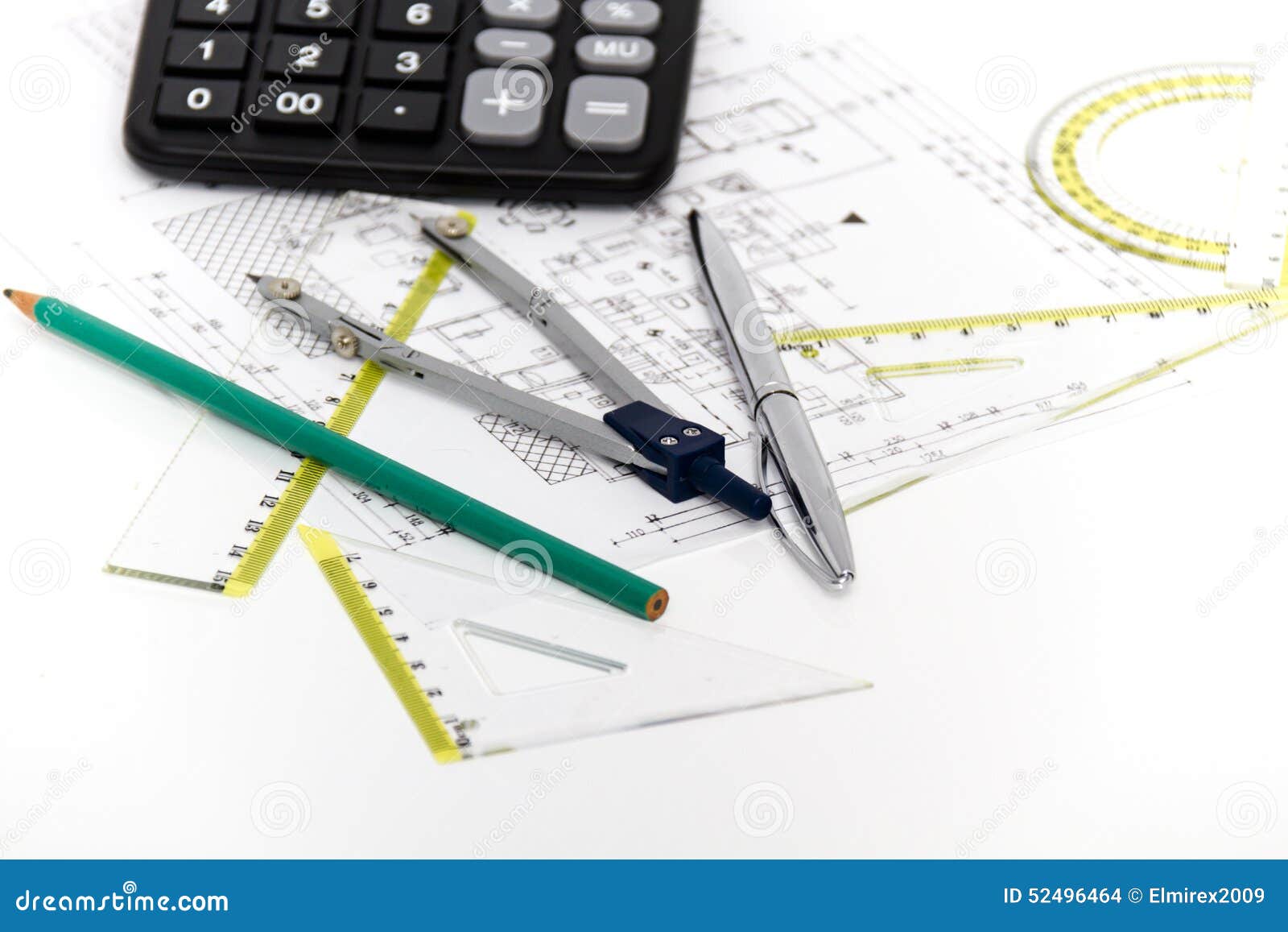 Architectural Project, Pair of Compasses, Rulers and Calculator Stock ...