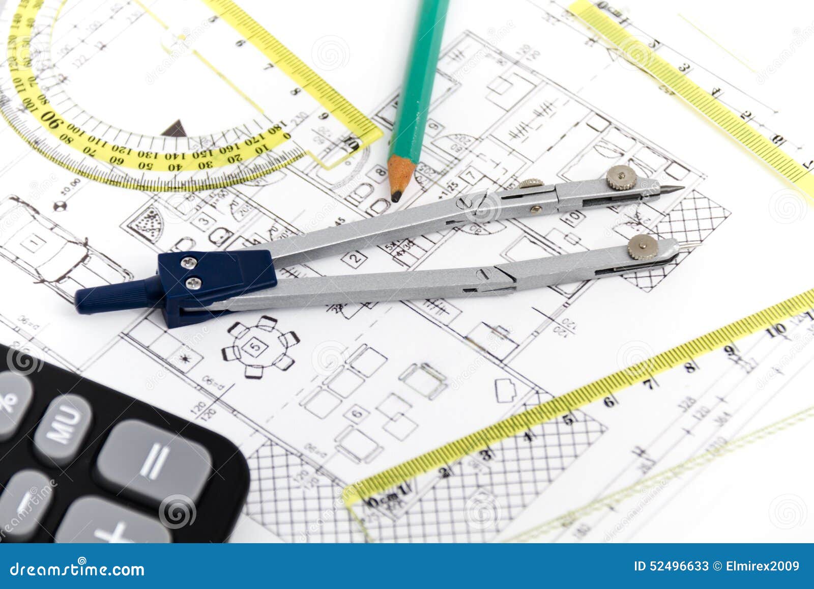Architectural Project, Pair of Compasses, Rulers and Calculator Stock ...