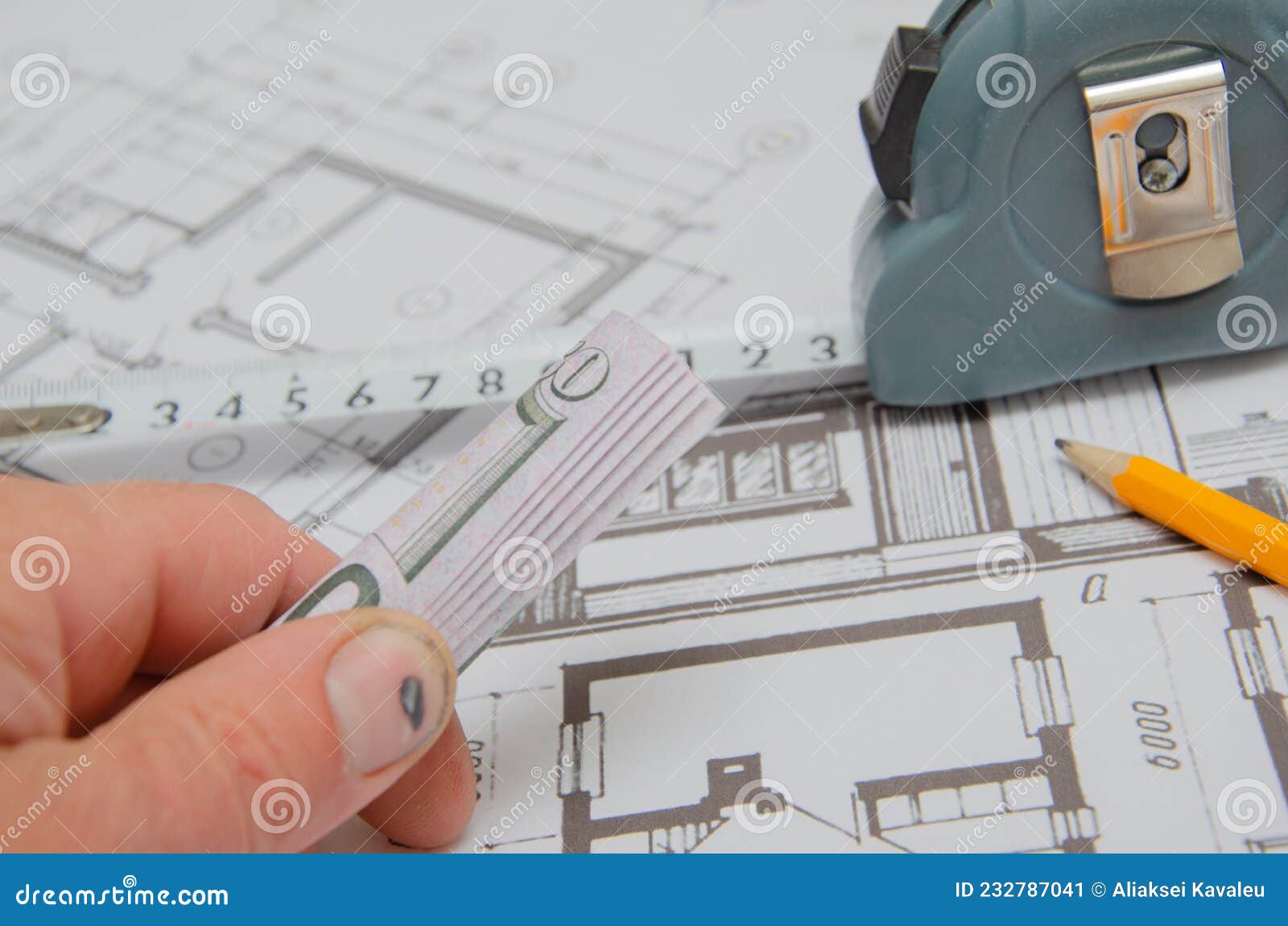 Architectural Project, Ruler and Pencil. Construction Background. Stock ...