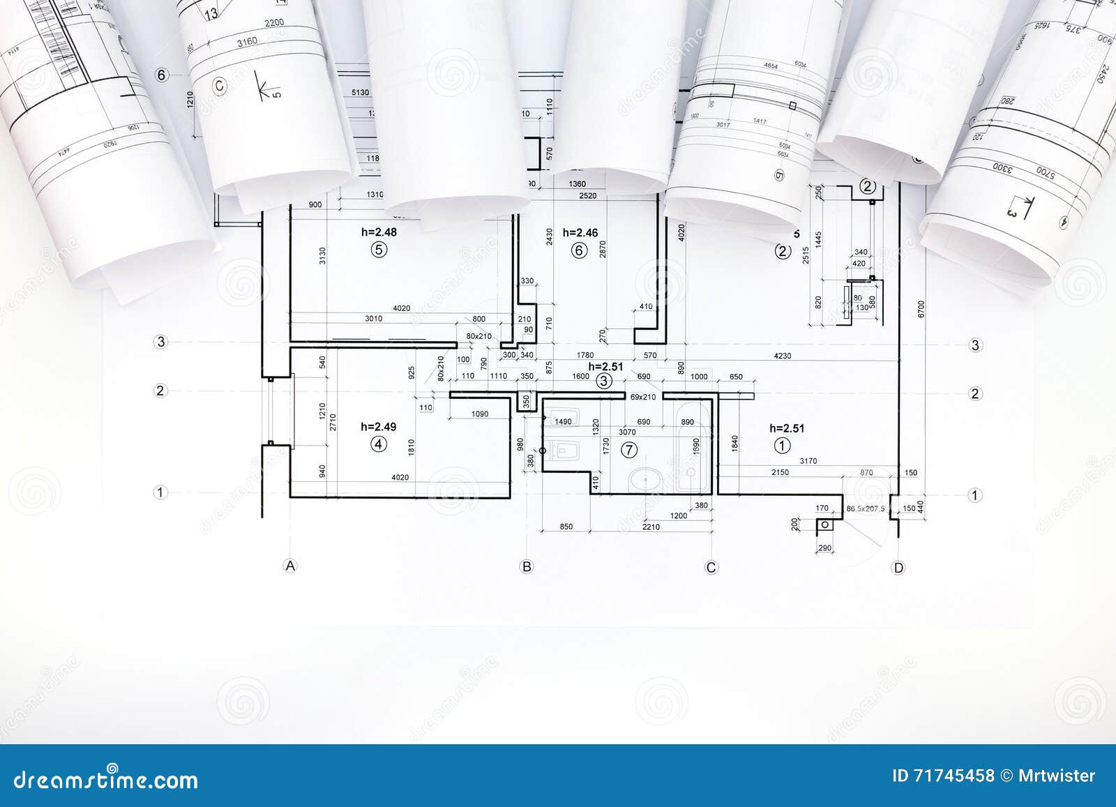 Architectural Project and Scrolls Blueprint Plans Stock Photo - Image ...