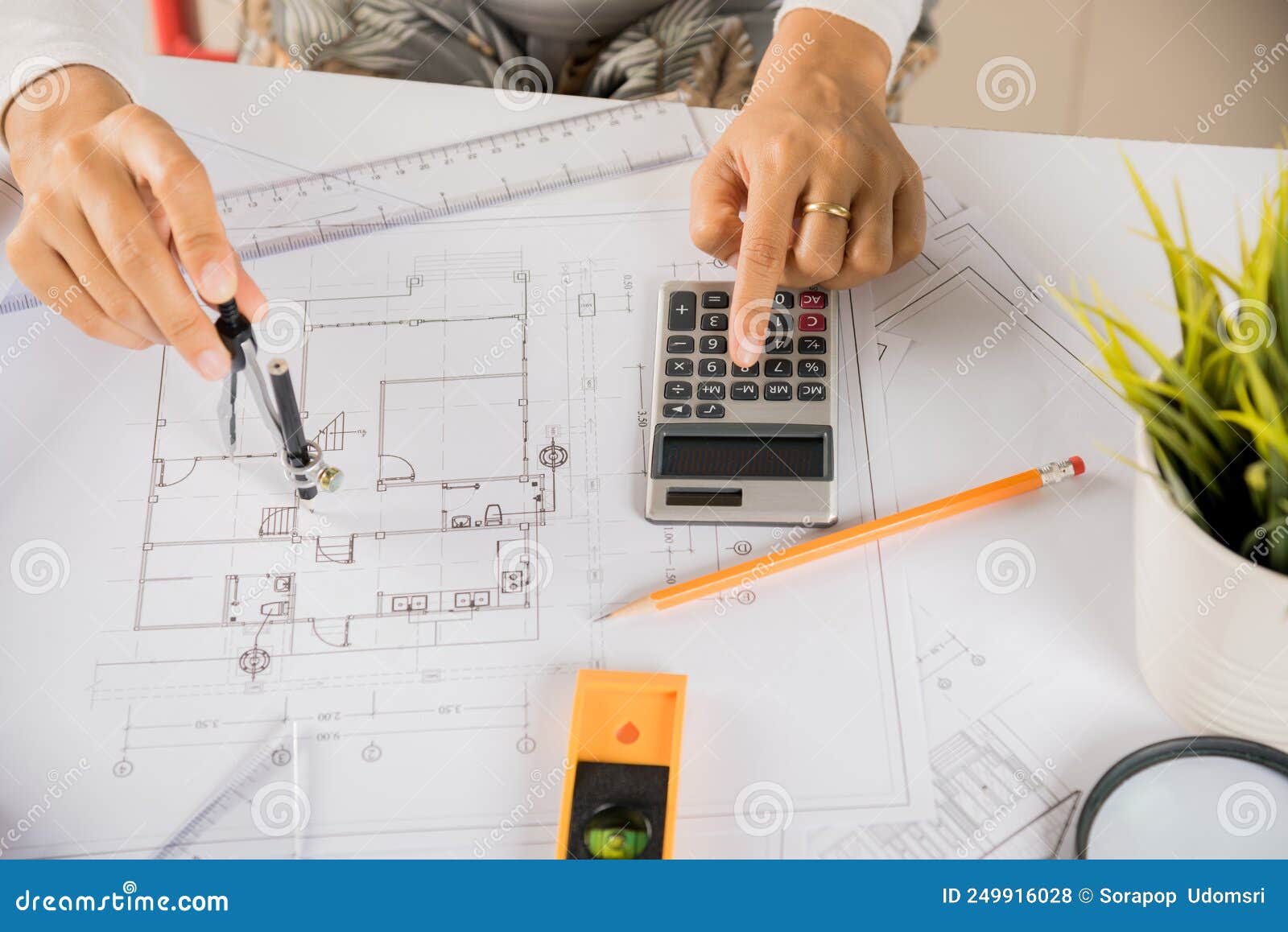 Architect Drawing with Divider Compass on House Plan Blueprint Paper ...