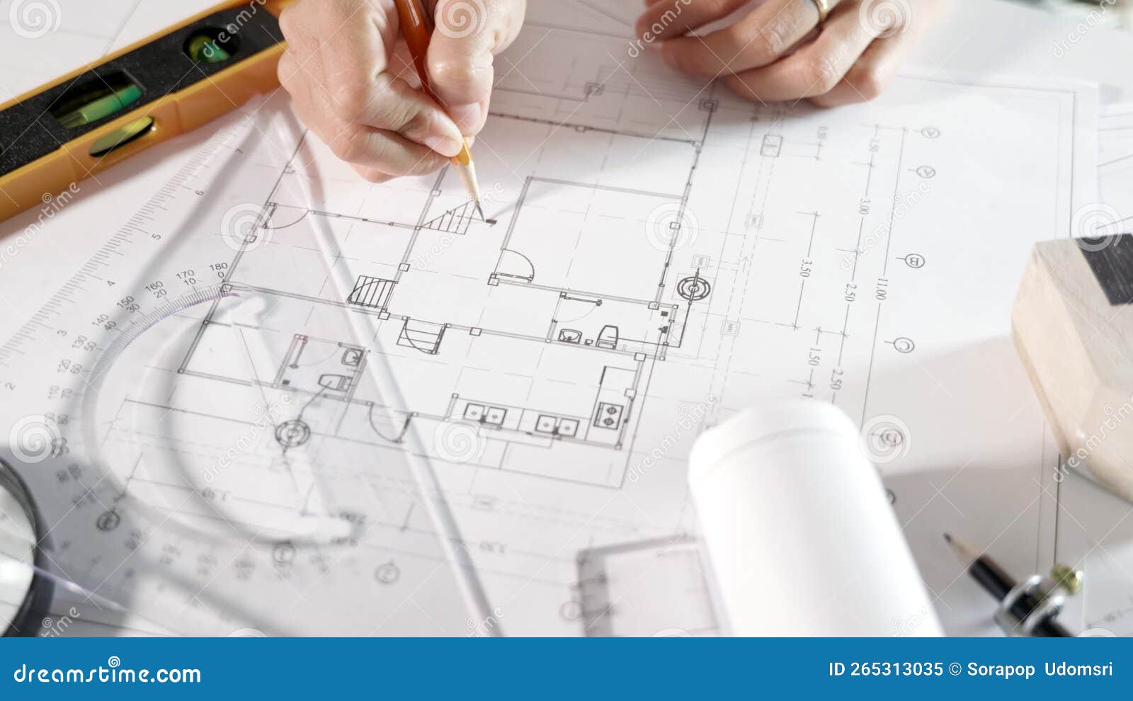 Top View of Architect Drawing with Ruler on House Plan Blueprint Paper ...