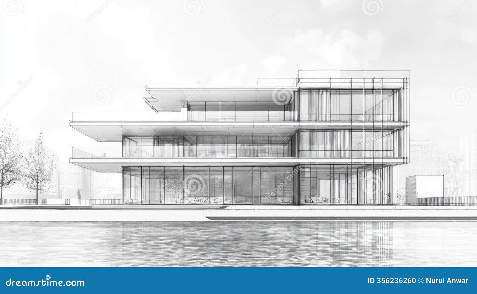 "ARCHITECTURAL RENDERING of a MODERN GLASS BUILDING with WATERFRONT ...