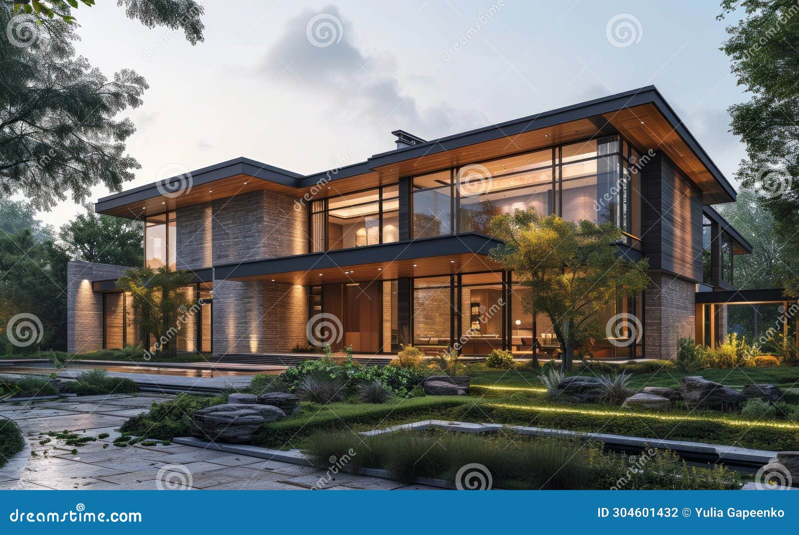 Architectural Rendering of a Modern Home with Wood and Brick Stock ...