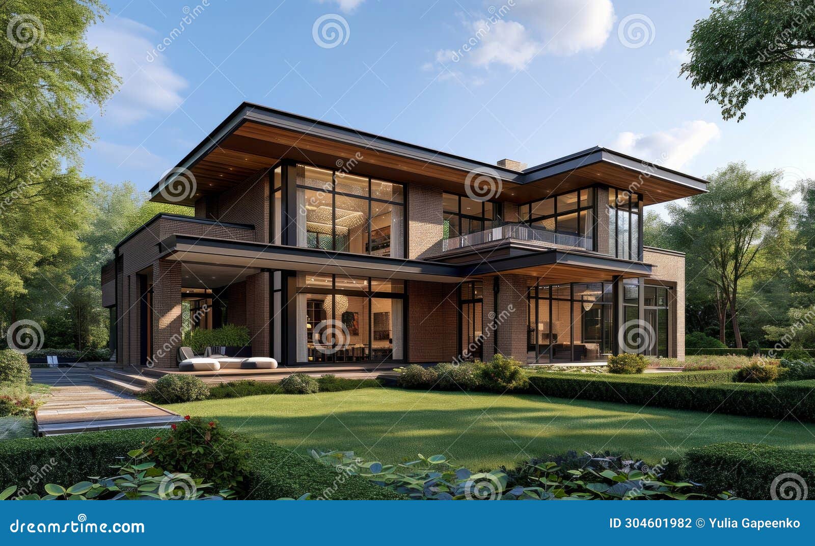 Architectural Rendering of a Modern Home with Wood and Brick Stock ...
