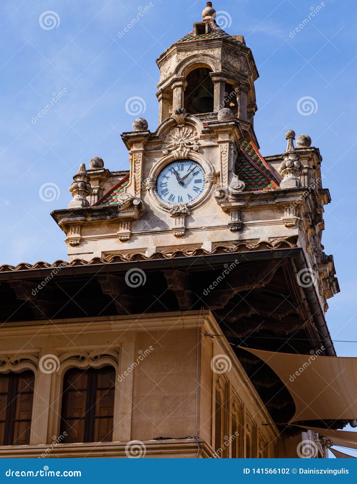 Architectural Ring Tower with Round White Clock Stock Photo - Image of ...