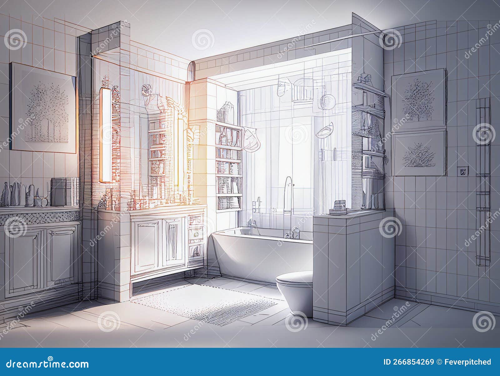Architectural Rough Exploration Drawing of a Custom Bathroom Interior ...