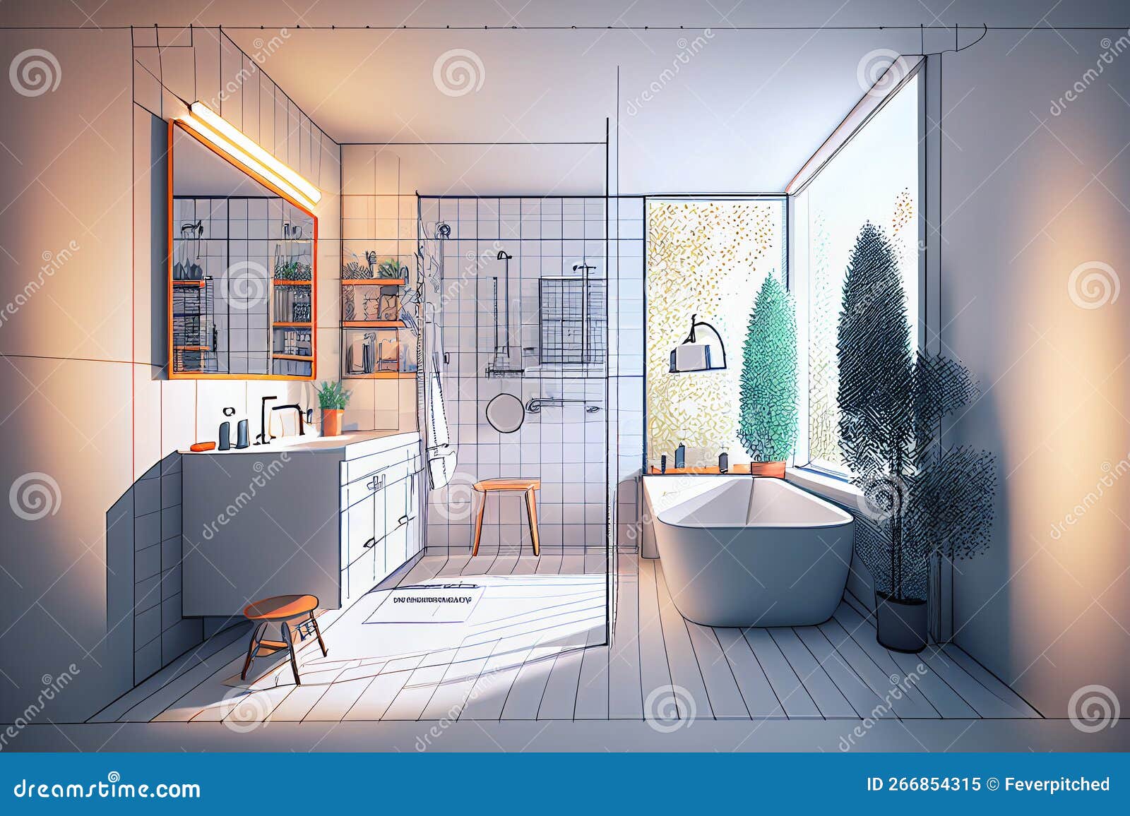 Architectural Rough Exploration Drawing of a Custom Bathroom Interior ...