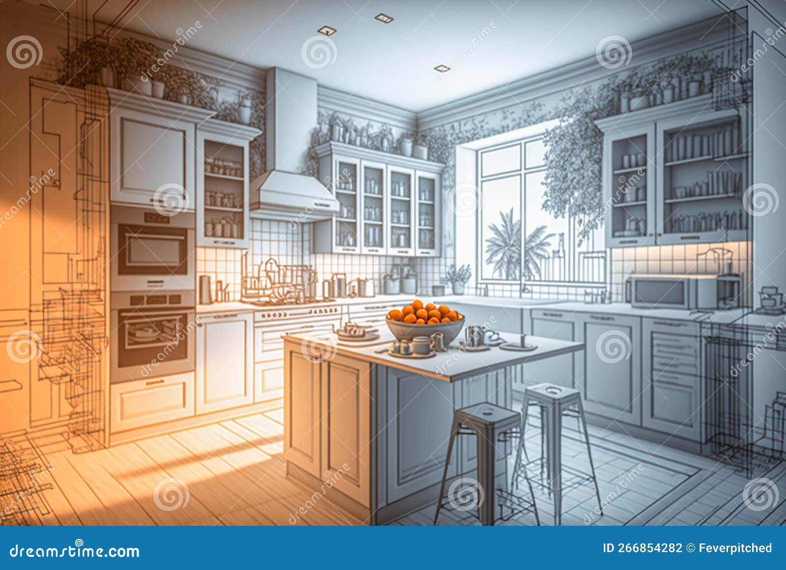 Architectural Rough Exploration Drawing of a Custom Kitchen Interior ...