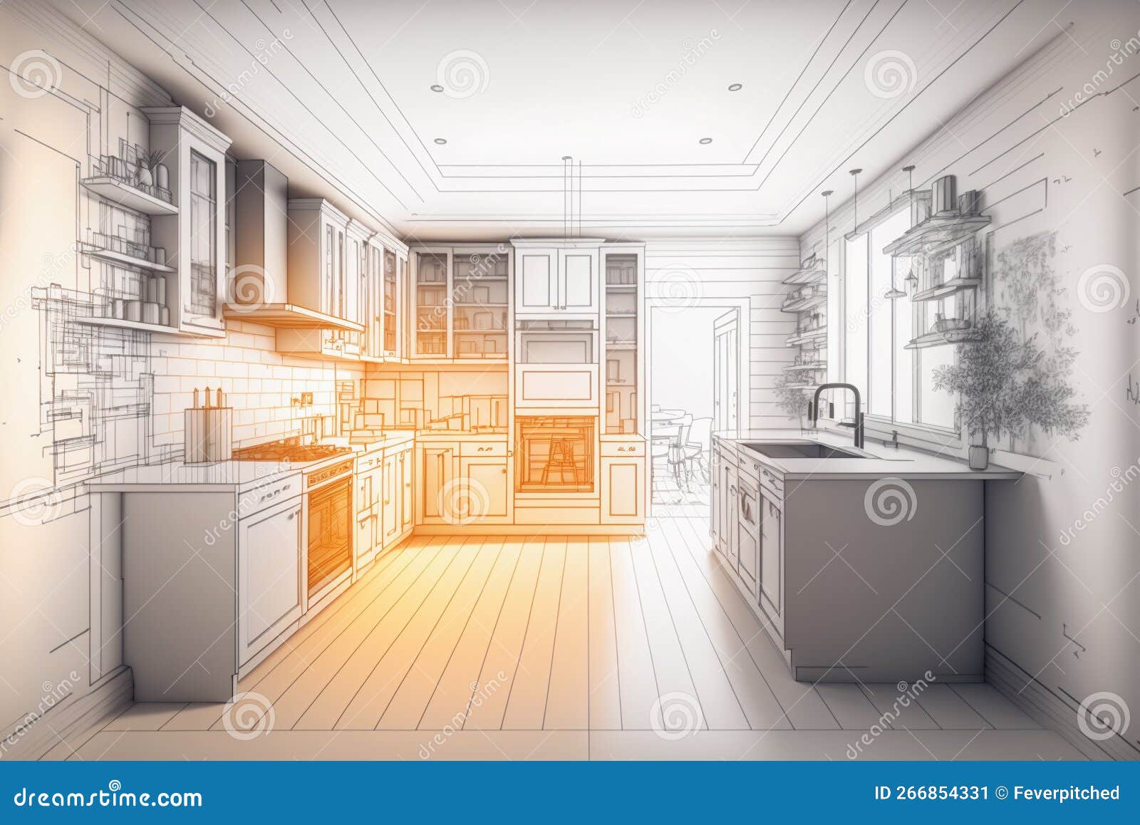 Architectural Rough Exploration Drawing of a Custom Kitchen Interior ...