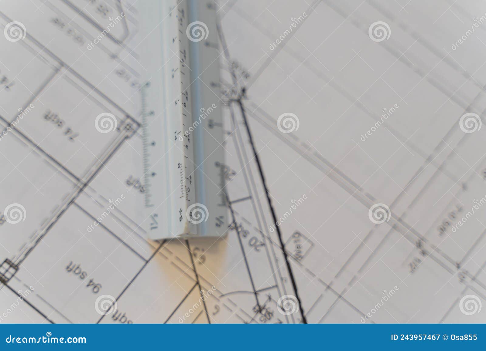 Architectural Scale Ruler with Paper Blueprints Plans for New Building ...