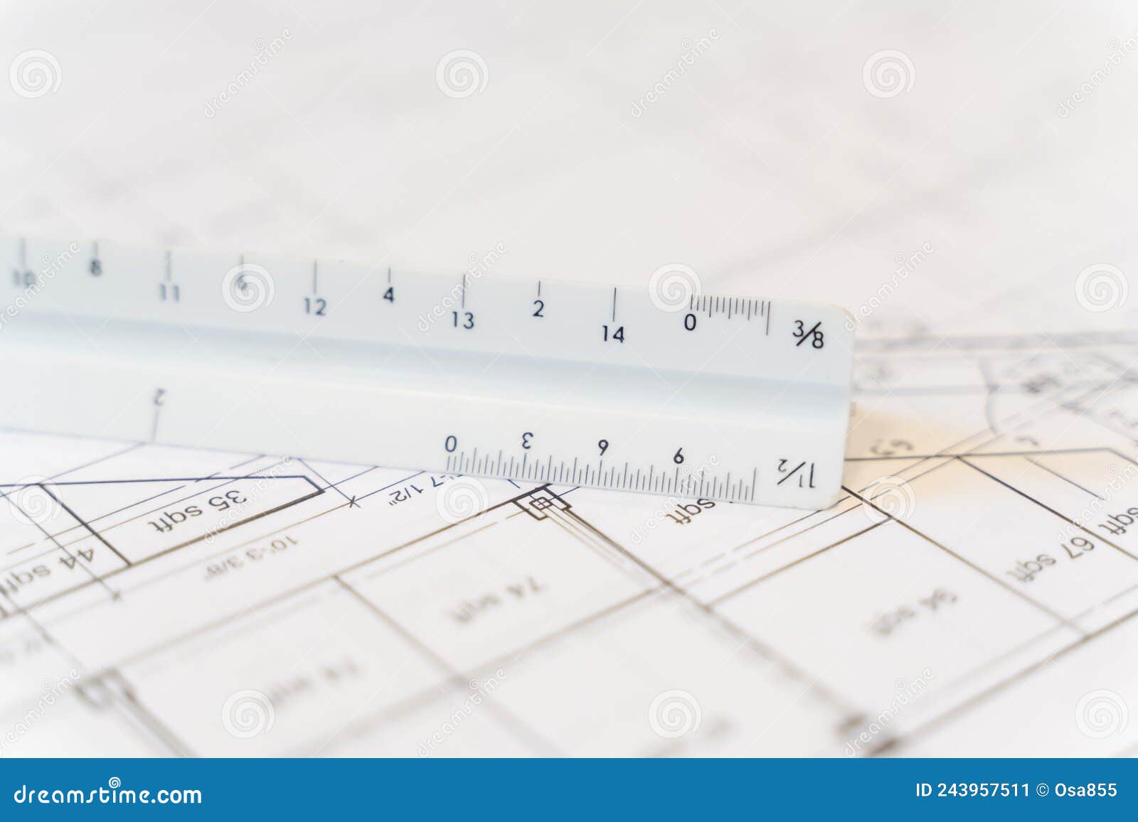 Architectural Scale Ruler with Paper Blueprints Plans for New Building ...