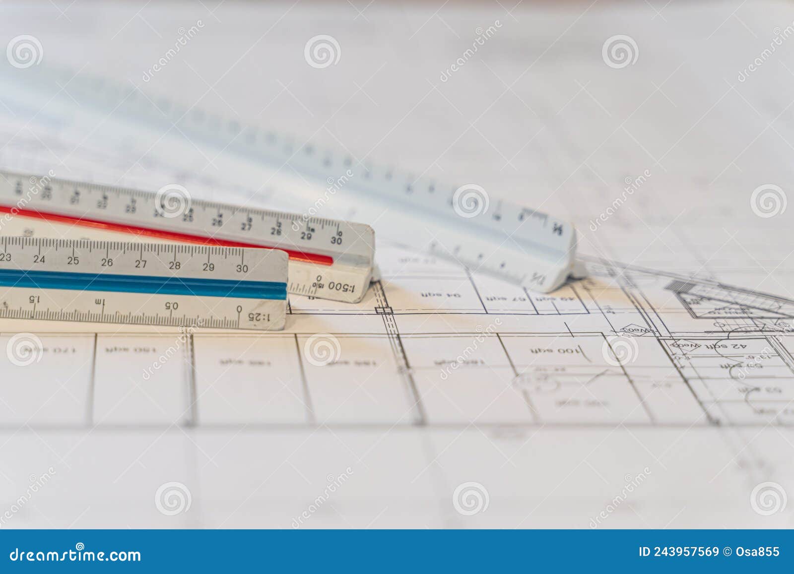 Architectural Scale Ruler with Paper Blueprints Plans for New Building ...