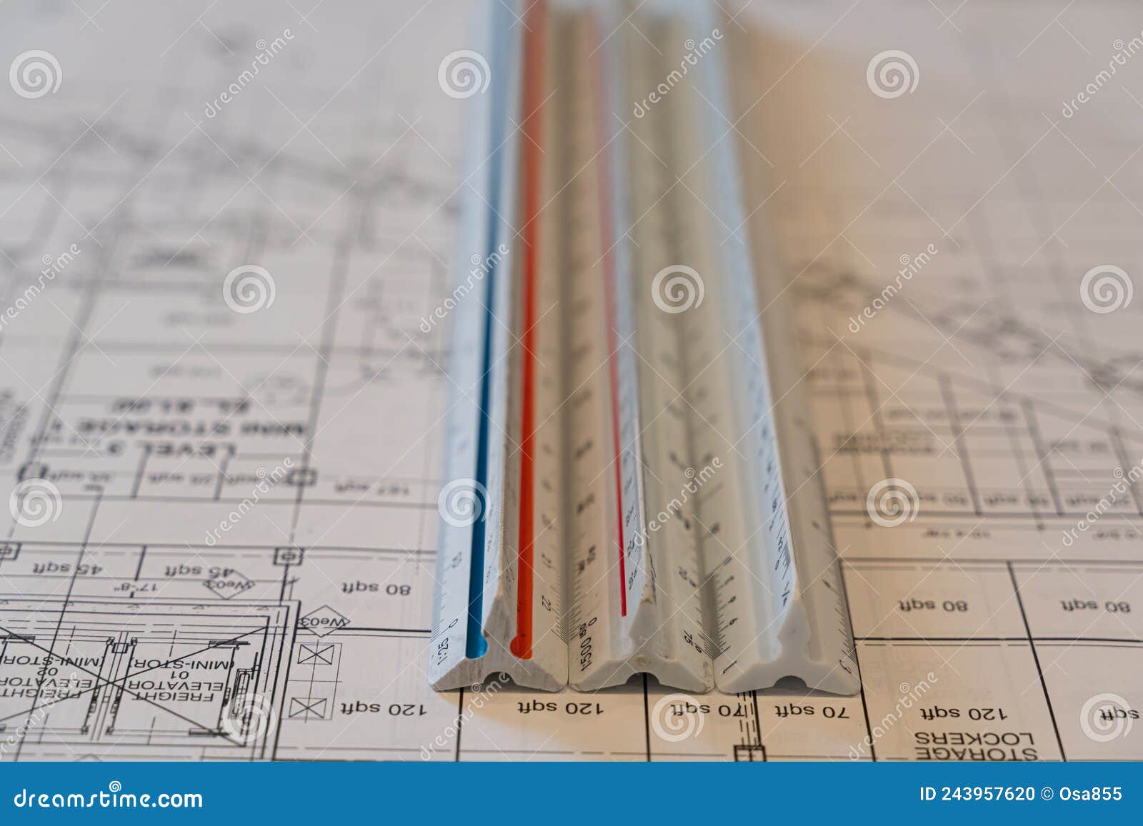 Architectural Scale Ruler with Paper Blueprints Plans for New Building ...