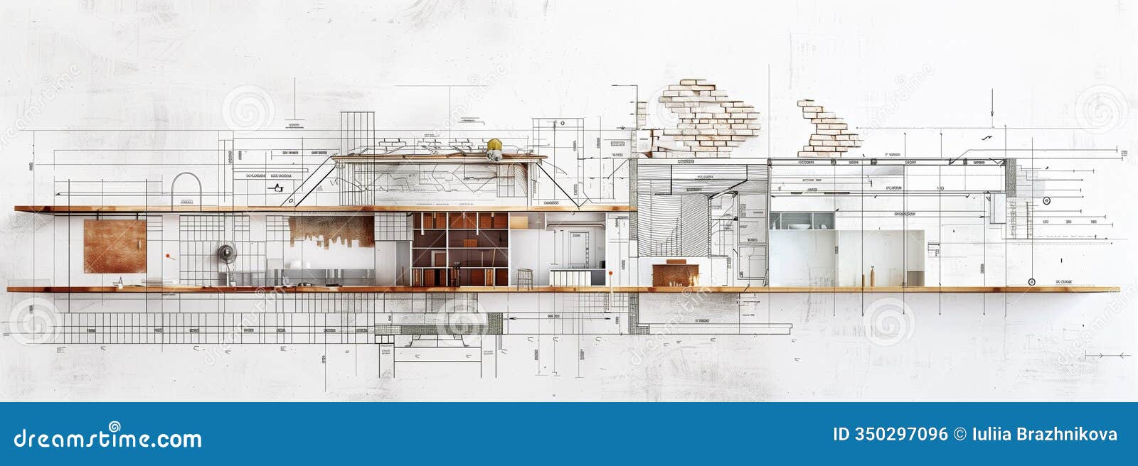 An Architectural Section Cut Drawing of an Old House with Modern ...