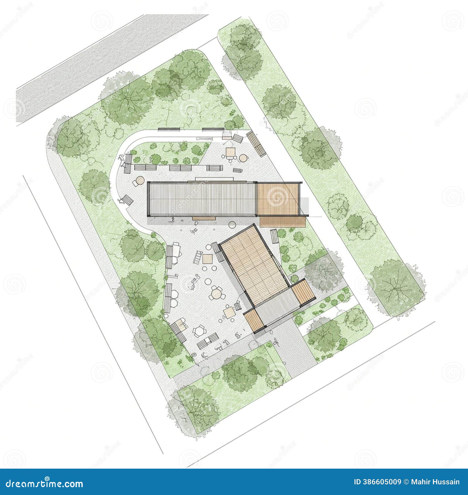 Architectural Site Plan Of An Urban Park With Various Structures And ...
