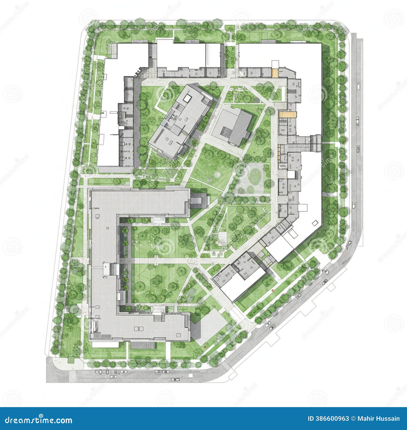 Architectural Site Plan Of An Urban Park With Various Structures And ...