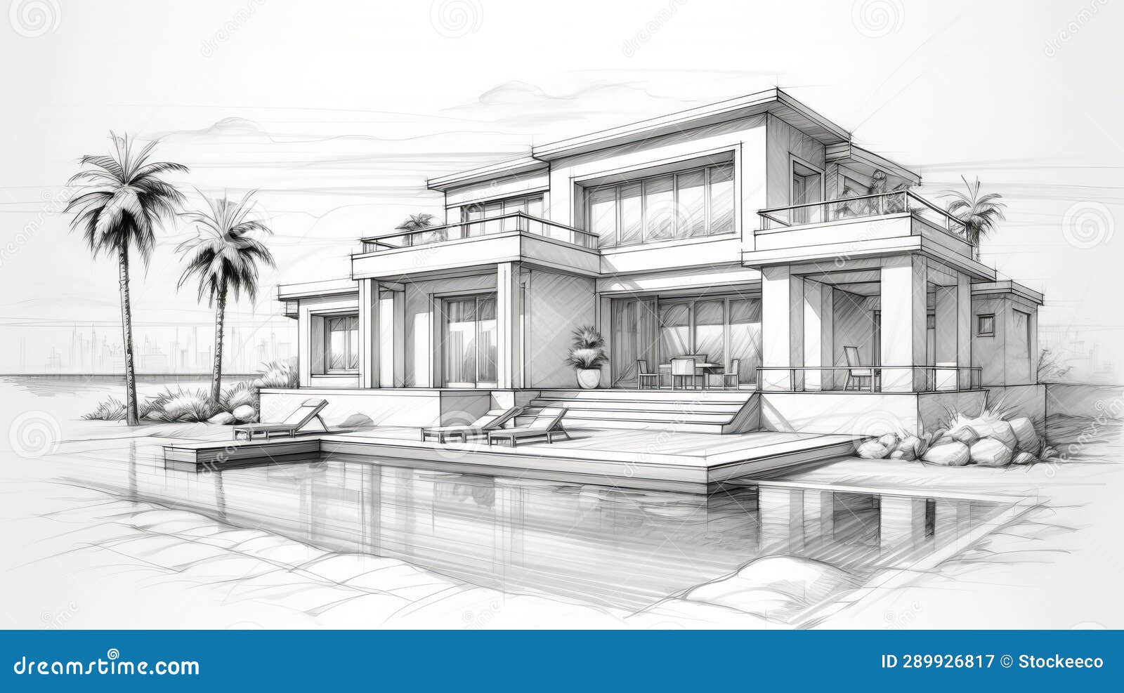 Architectural Sketch of Beachfront Luxury Villa with Soft Atmospheric ...
