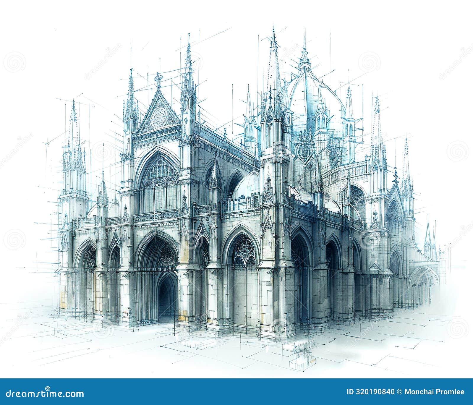 Architectural Sketch Of A Cathedral With Detailed Flying Buttresses And ...