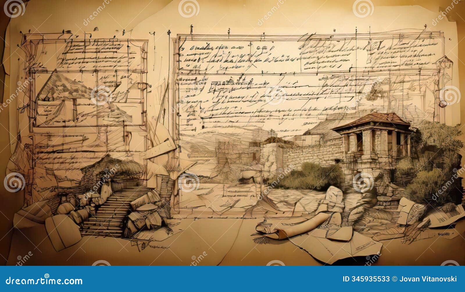 Architectural Sketch Collage with Ancient Notes and Stone Structures ...