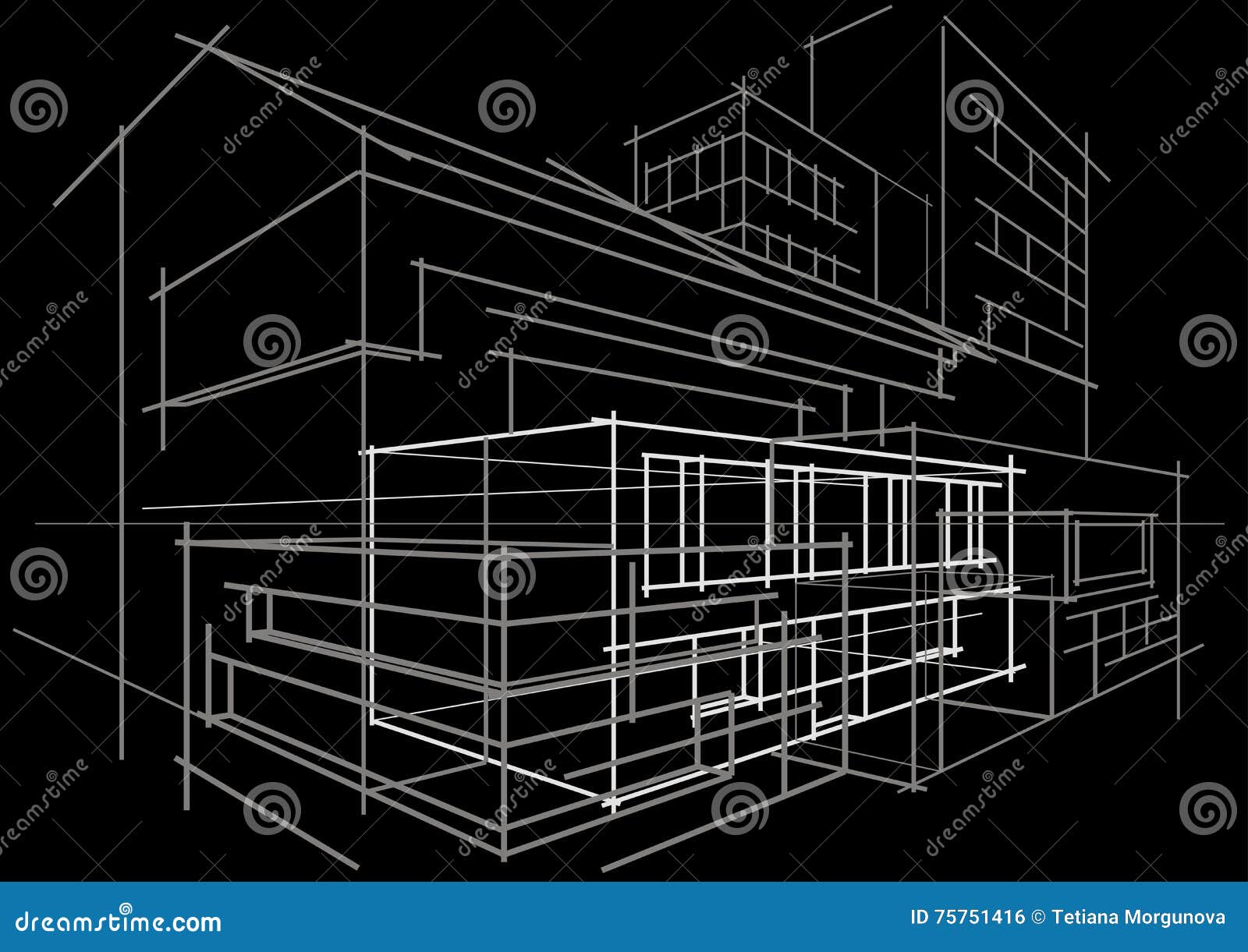 Architectural Sketch Concept Abstract Building on Black Background ...