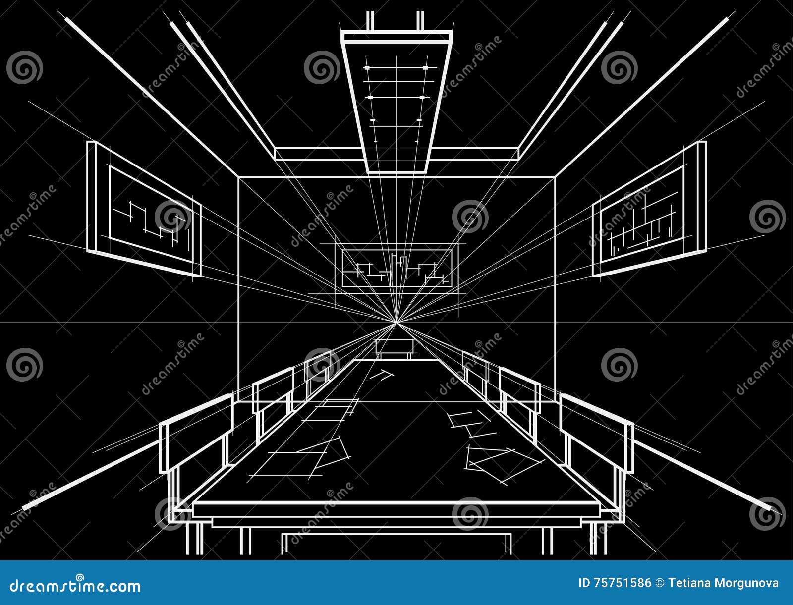 Architectural Sketch Interior Conference Room on Black Background Stock ...