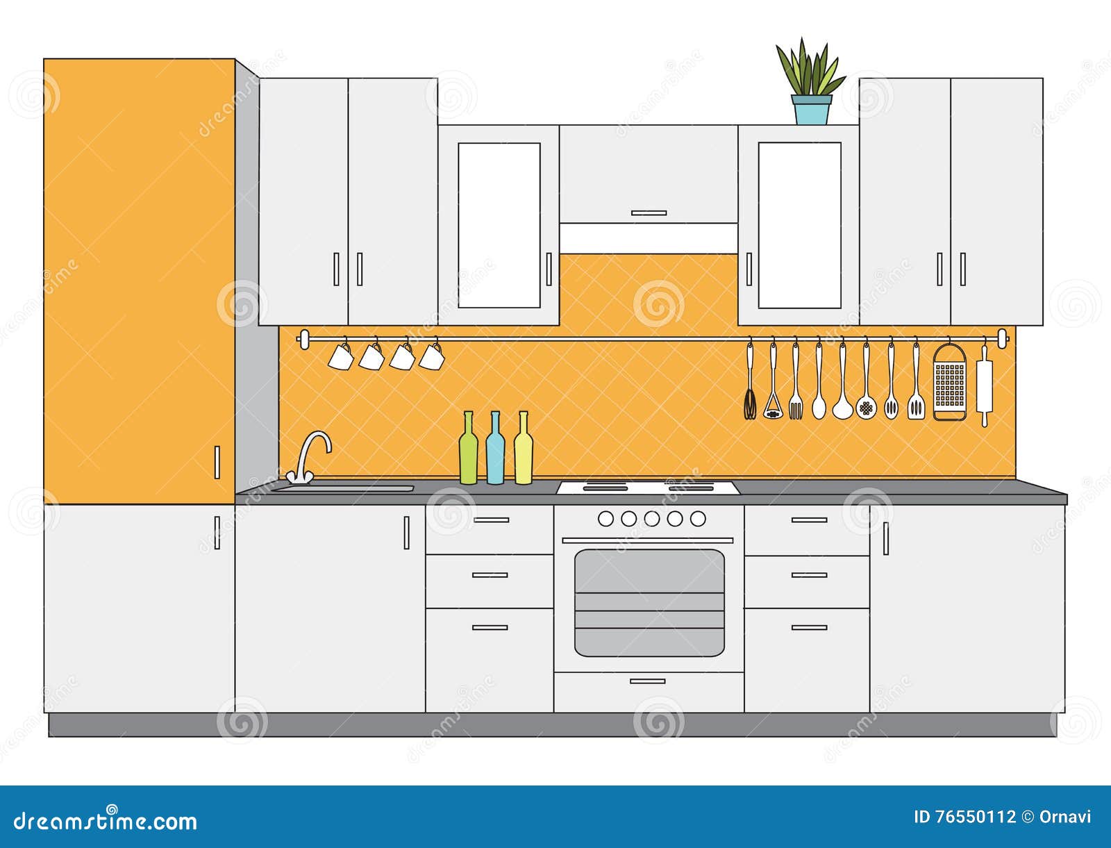 Architectural Sketch Interior Small Kitchen Front View Stock Vector ...