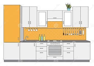 Architectural Sketch Interior Small Kitchen Front View Stock Vector ...