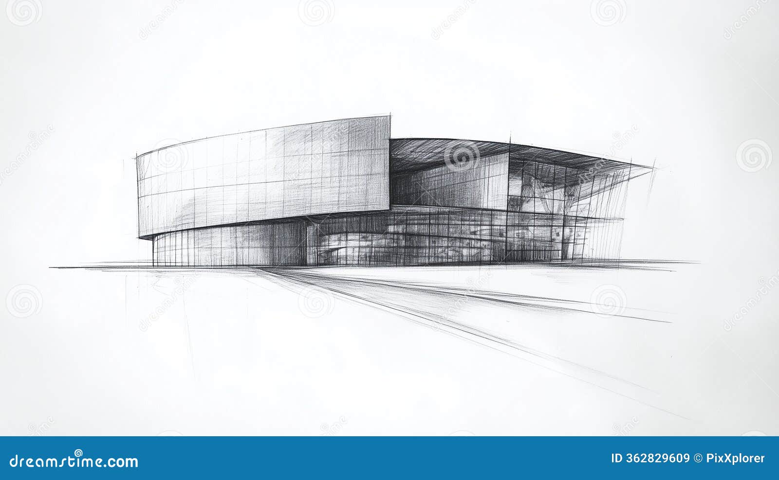 Architectural Sketch of a Modern Building Featuring a Sleek Curved ...