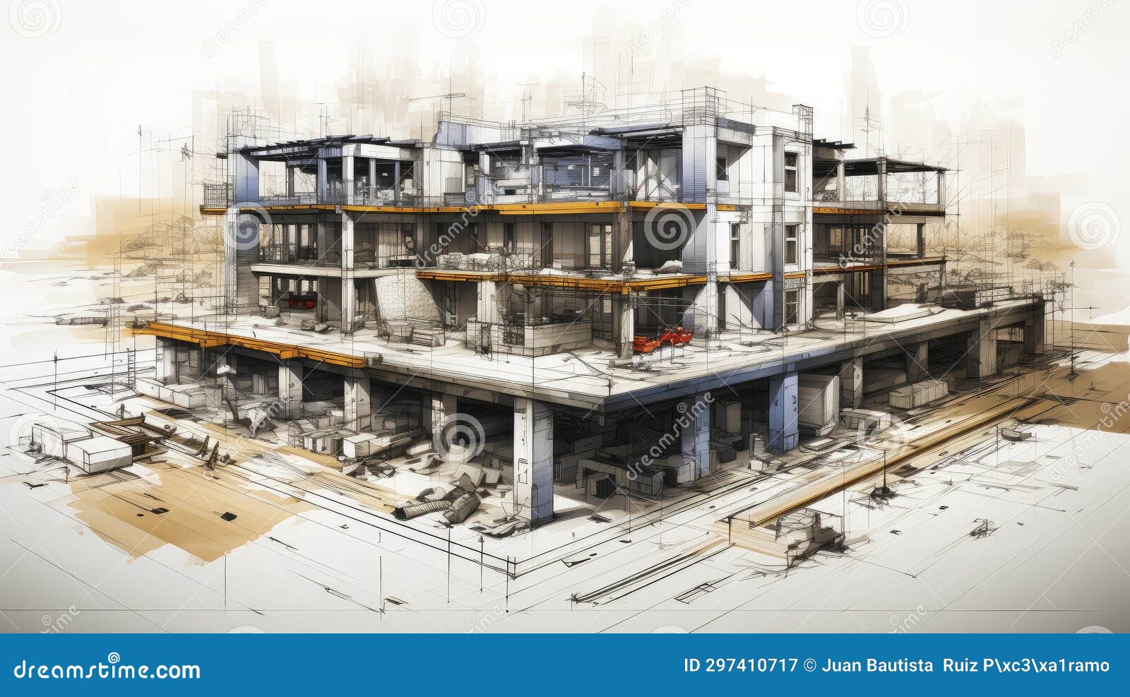 Architectural Sketch of a Modern Building Under Construction, with ...