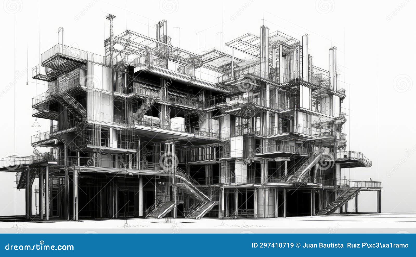 Architectural Sketch of a Modern Building Under Construction, with ...