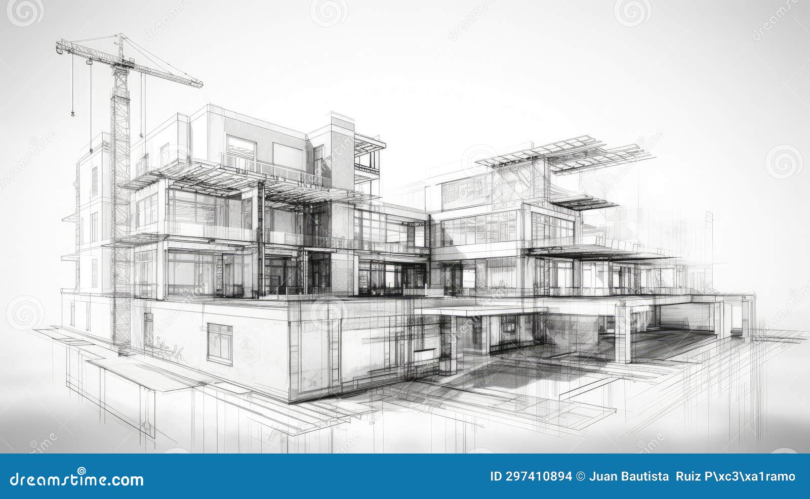 Architectural Sketch of a Modern Building Under Construction, with ...
