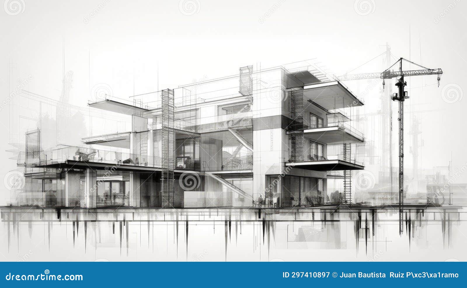 Architectural Sketch of a Modern Building Under Construction, with ...