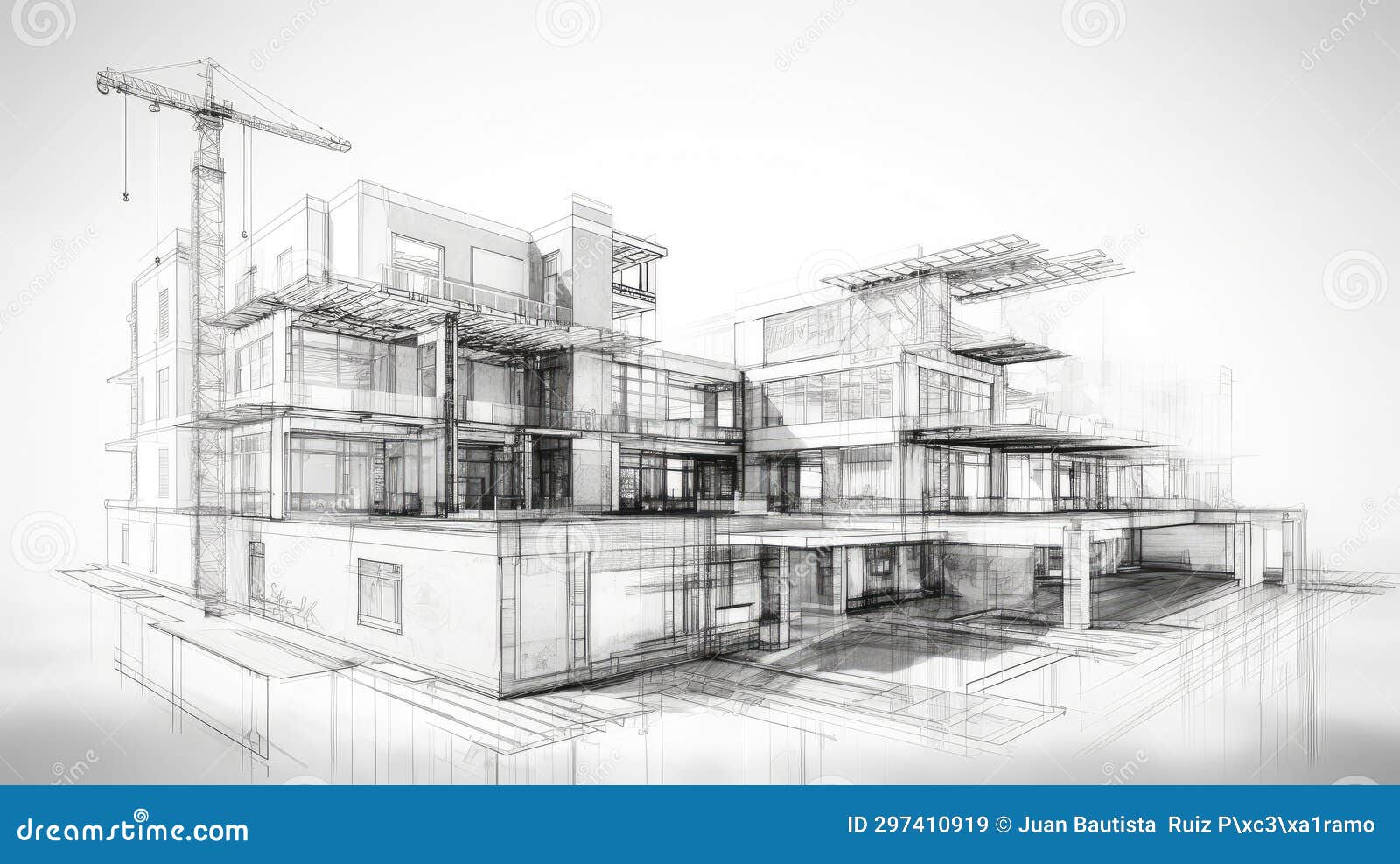 Architectural Sketch of a Modern Building Under Construction, with ...
