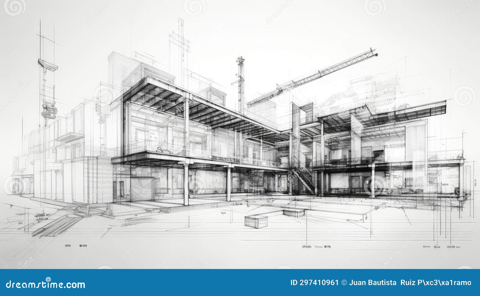 Architectural Sketch of a Modern Building Under Construction, with ...