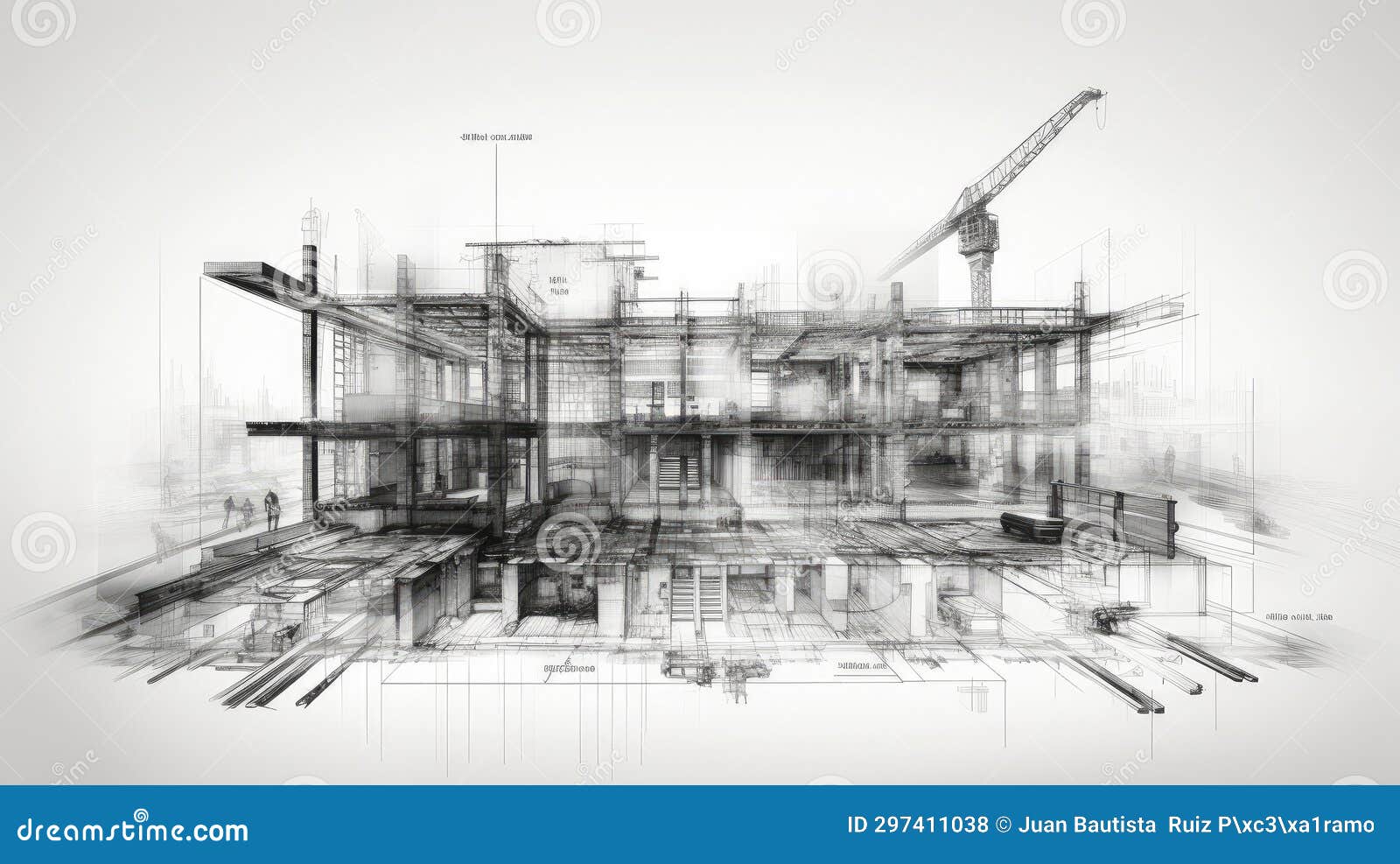Architectural Sketch of a Modern Building Under Construction, with ...