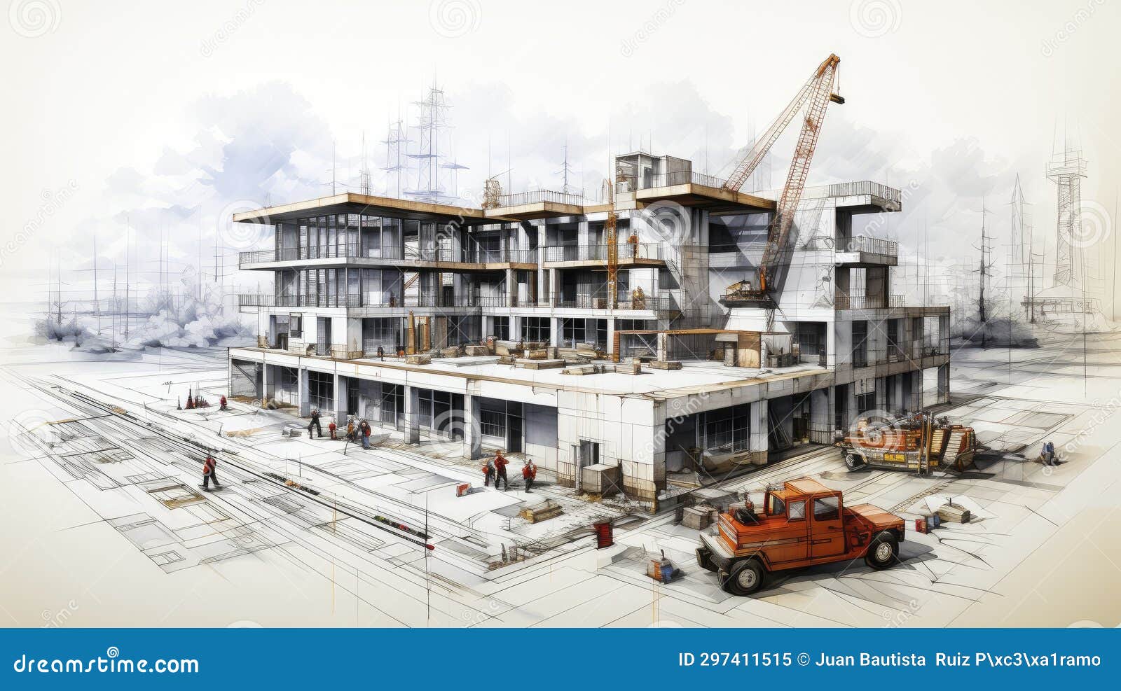 Architectural Sketch of a Modern Building Under Construction, with ...